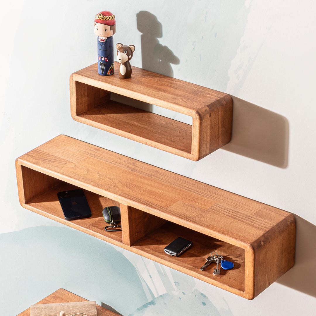 Handmade Beech Wood Floating Box Shelf: Wall Mounted Cube, Dark Brown ...