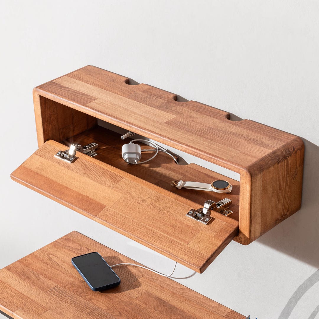 Floating Wooden Shelf & Cable Organizer – Wall Mounted Cord Hider ...