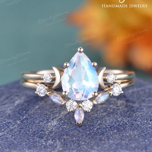 Moonstone Wedding Ring Set - Etsy