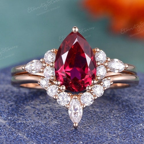 Pear Shaped Ruby Engagement Ring Vintage Unique Rose Gold - Etsy
