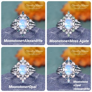 Moon and Star Moonstone Engagement Ring Celestial Bridal Ring Set ...