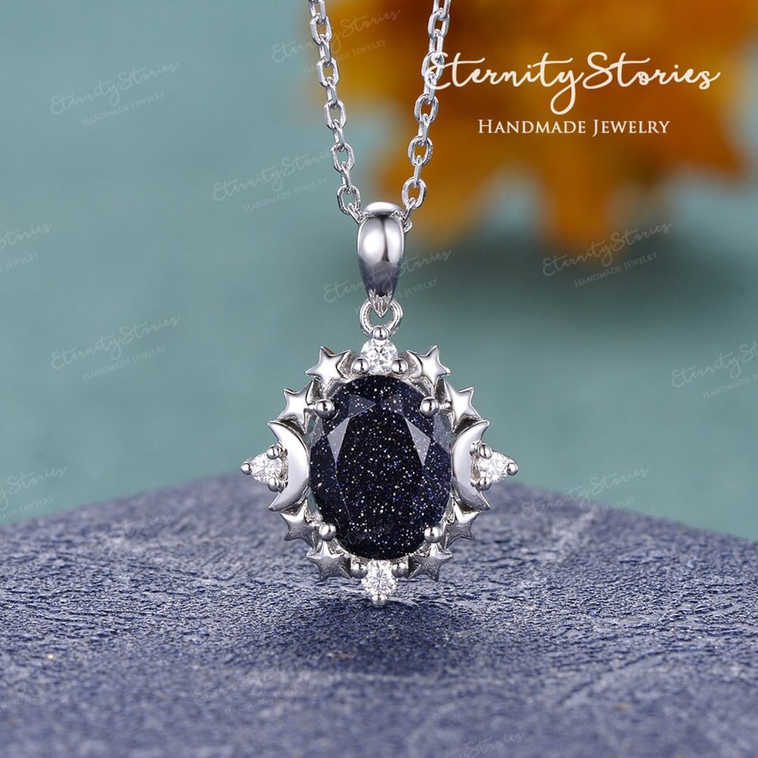 Vintage Oval Shaped Blue Sandstone Necklace White Gold Necklace Women ...