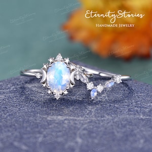 Moon and Star Engagement Ring Vintage Moonstone Engagement Ring Sets ...