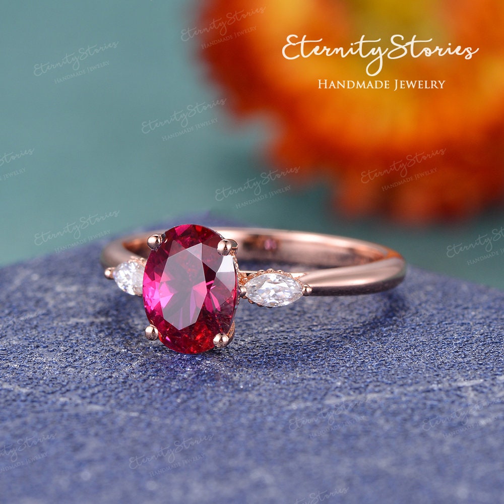 Hidden Halo Ruby Engagement Ring Milgrain Three Stone Oval Lab | Etsy