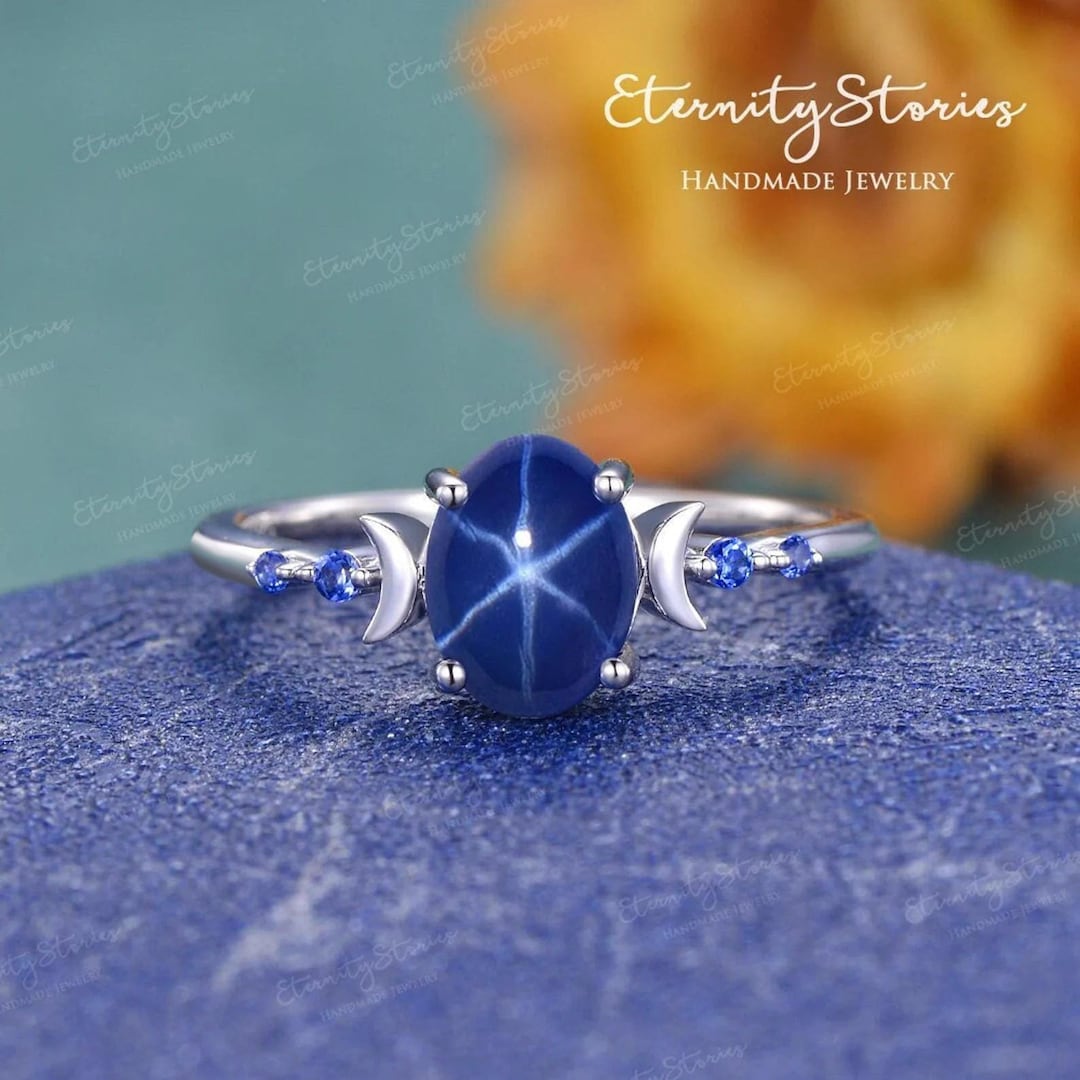 Oval Star Sapphire Ring Crystal Celestial Engagement Ring Vintage Rose ...