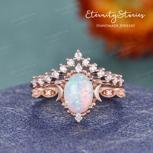 Art Deco Opal Engagement Ring Set Unique Rose Gold Bridal Set Vintage Moon Engagement Ring ...