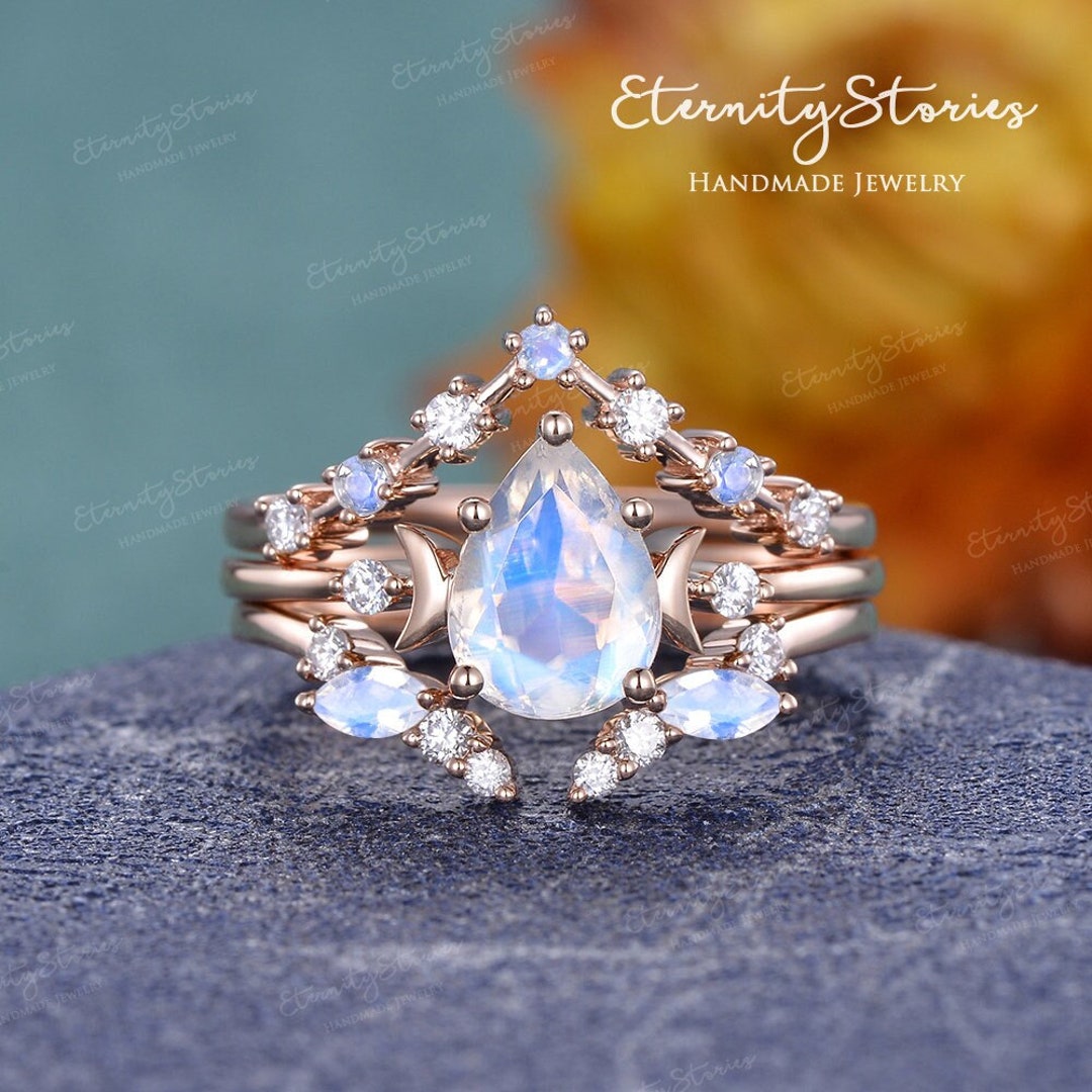 Moonstone Wedding Ring Set Pear Moonstone Engagement Ring Vintage Rose ...