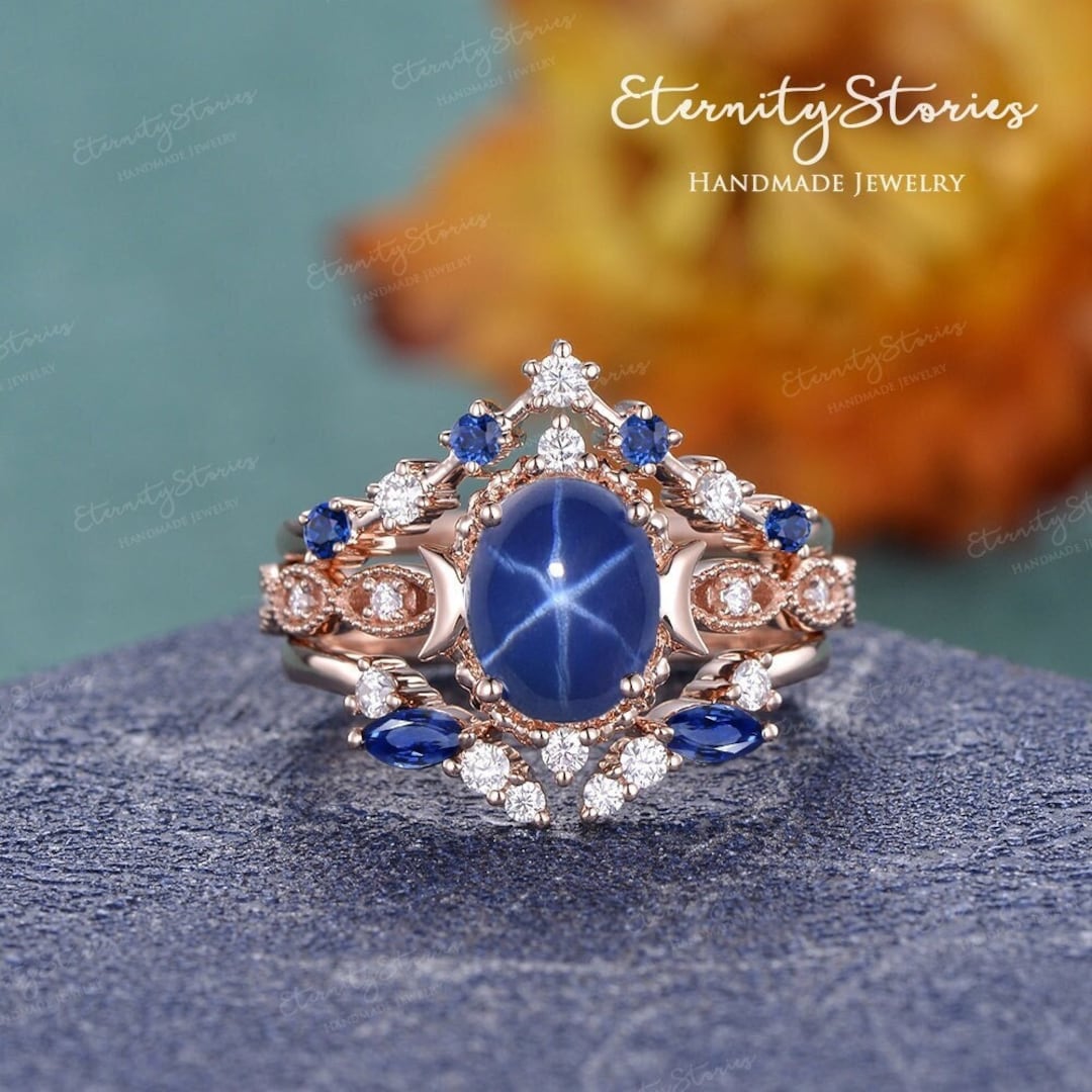 Celestial Star Sapphire Engagement Ring Bridal Set Galaxy Engagement ...