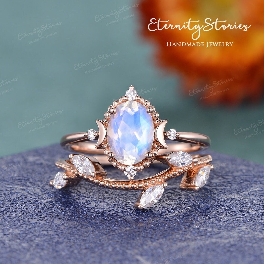 Moon Engagement Ring Oval Cut Moonstone Engagement Ring Set Rose Gold ...
