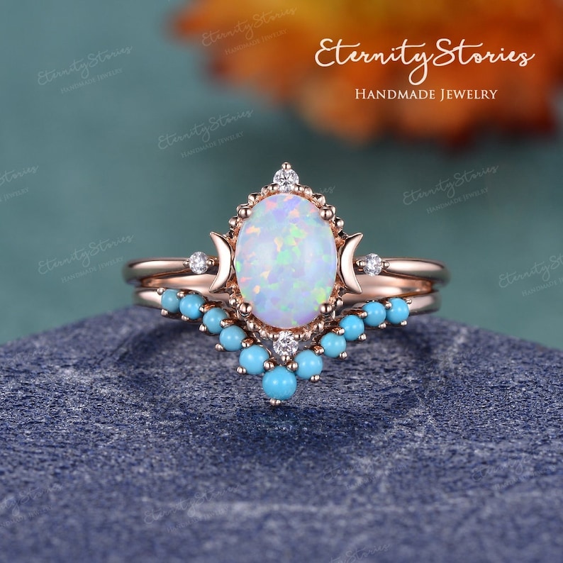 Opal and Turquoise Wedding Set Oval Cut Opal Engagement Ring Set Women ...