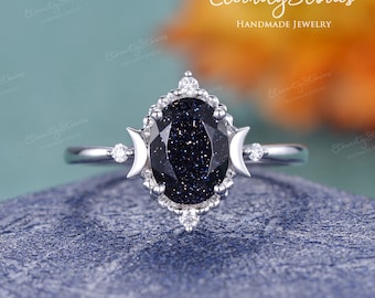 Mystic Galaxy Crystal Ring Oval Blue Sandstone Engagement Ring Star and ...