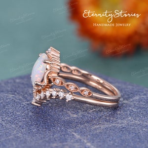 Art Deco Opal Engagement Ring Set Unique Rose Gold Bridal Set Vintage Moon Engagement Ring ...
