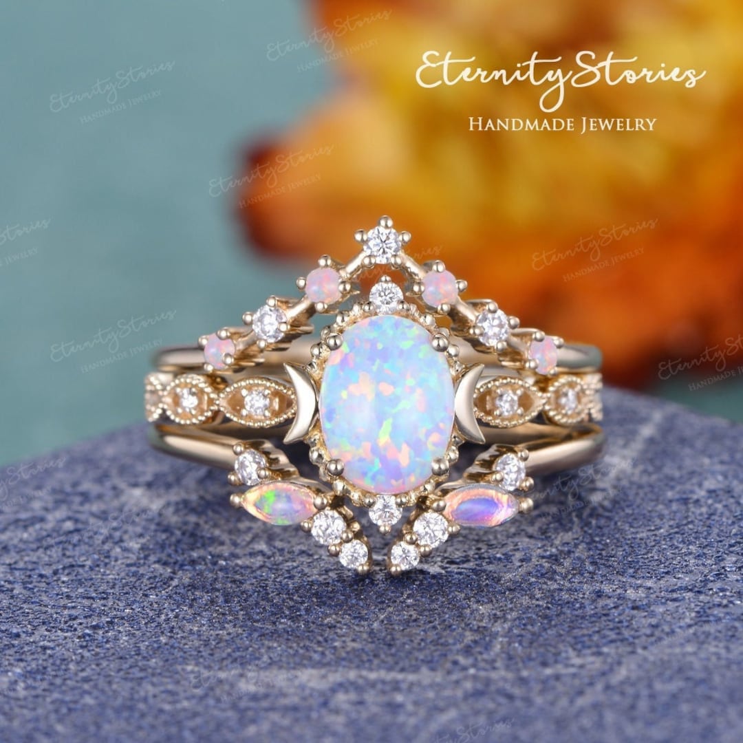 Opal Engagement Ring Rose Gold Set Celestial Lab Opal Wedding Sets ...