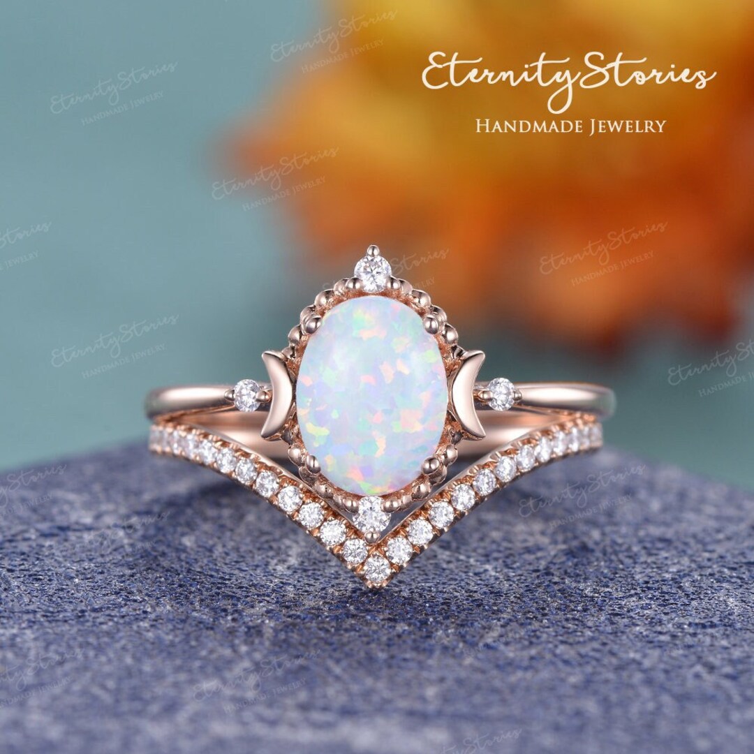 Vintage Lab Opal Engagement Ring Moon Engagement Ring Set Rose Gold ...