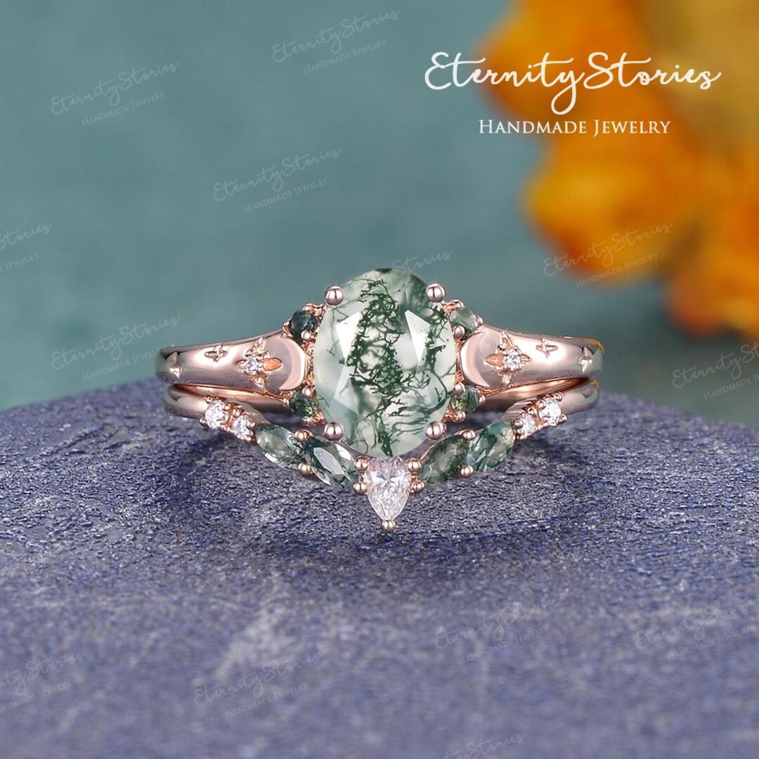 Vintage Moss Agate Moon Engagement Ring Set Rose Gold Moissanite ...