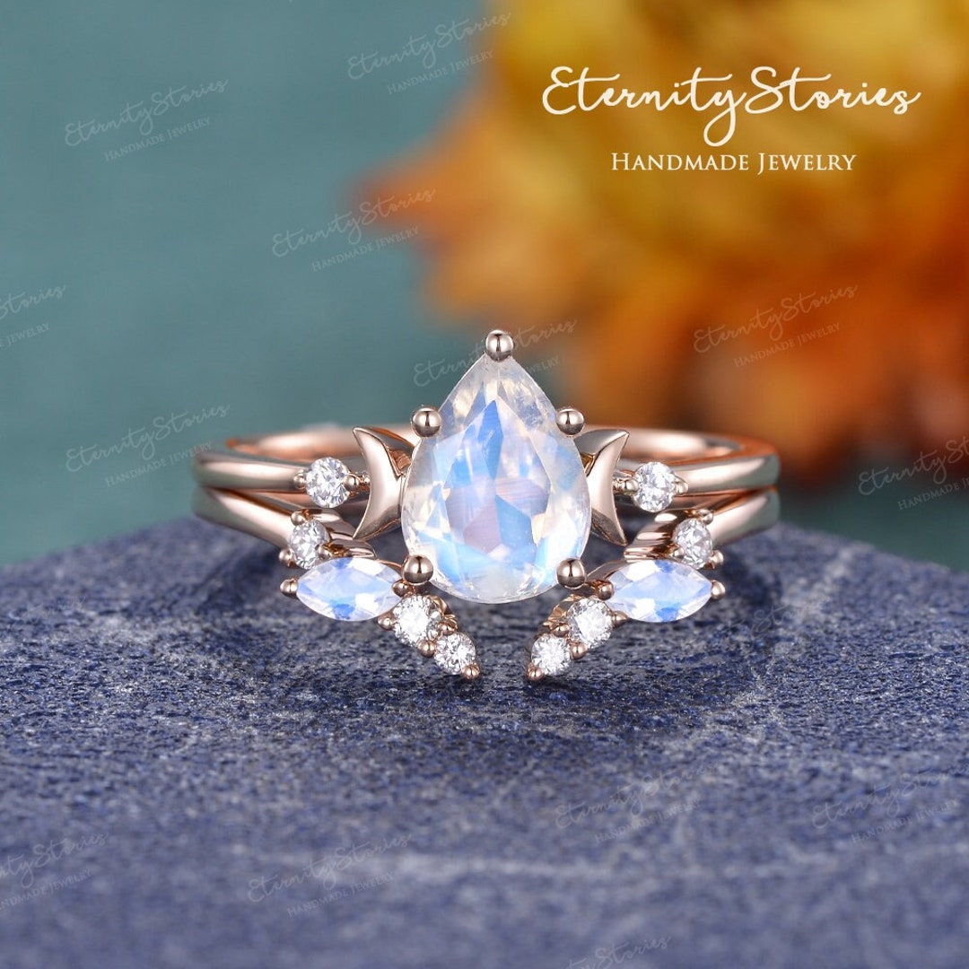 Pear Shaped Moonstone Engagement Ring Set Moonstone Wedding Set Unique ...