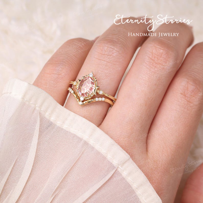 Fantasy Oval Cut Pink Sapphire Ring Set Yellow Gold Celestial Moon and ...