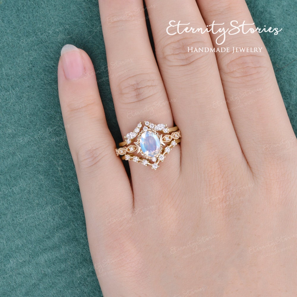Art Deco Moon Engagement Ring Oval Cut Moonstone Engagement Ring Set ...