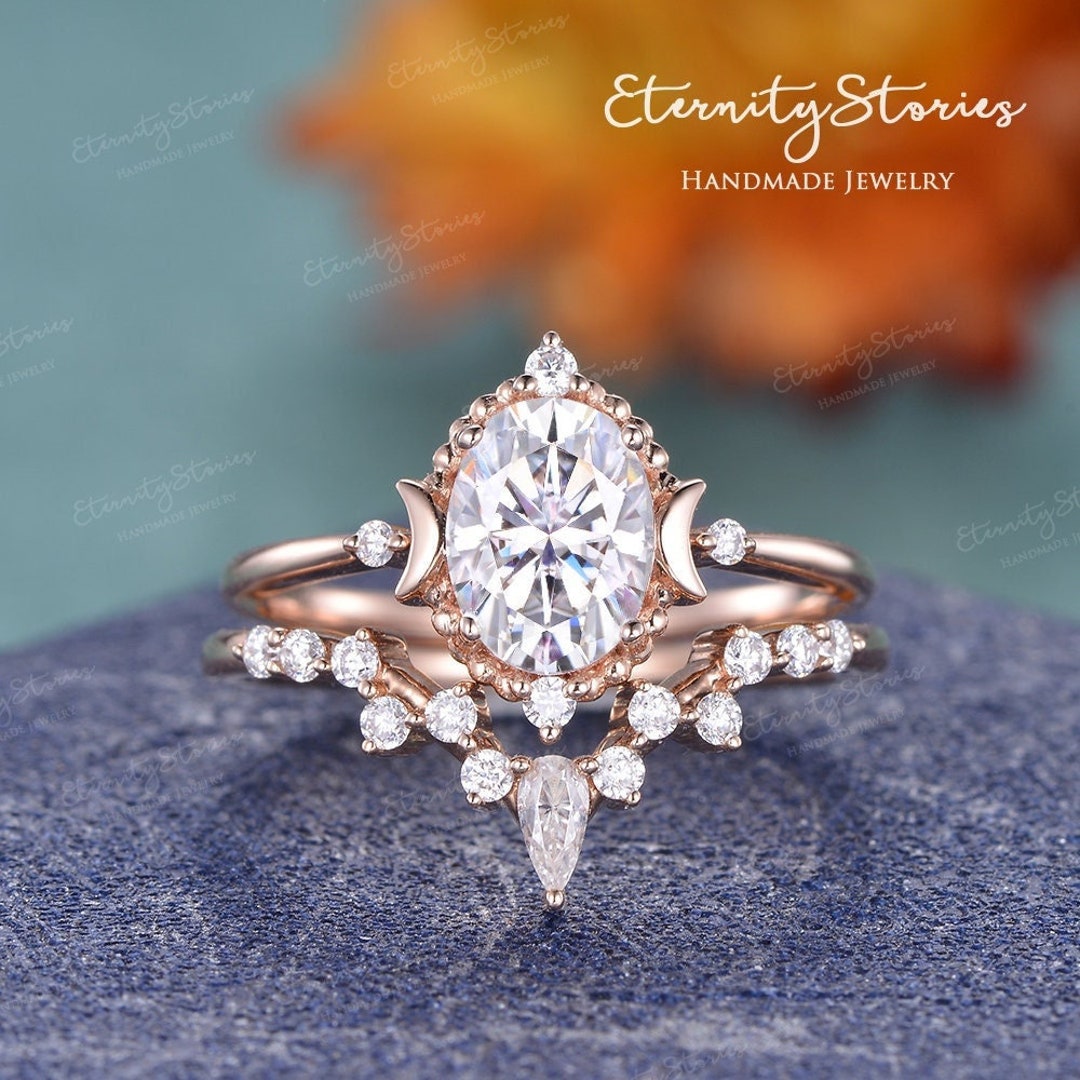 Rose Gold Moon Engagement Ring Moissanite Engagement Ring Set Vintage ...