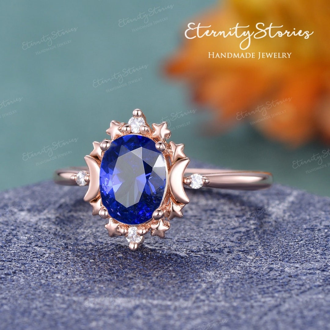 Vintage Oval Sapphire Engagement Ring Women Blue Sapphire Moon and Star ...