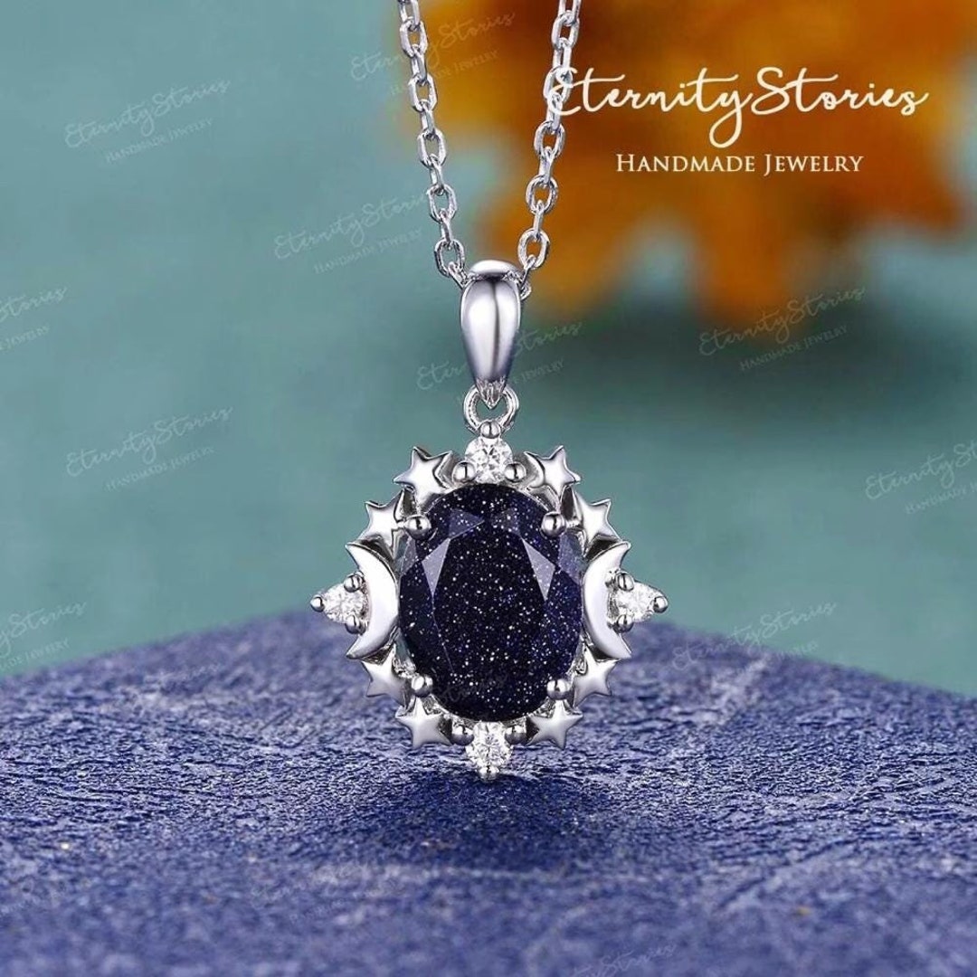 Vintage Oval Shaped Blue Sandstone Necklace White Gold Necklace Women ...