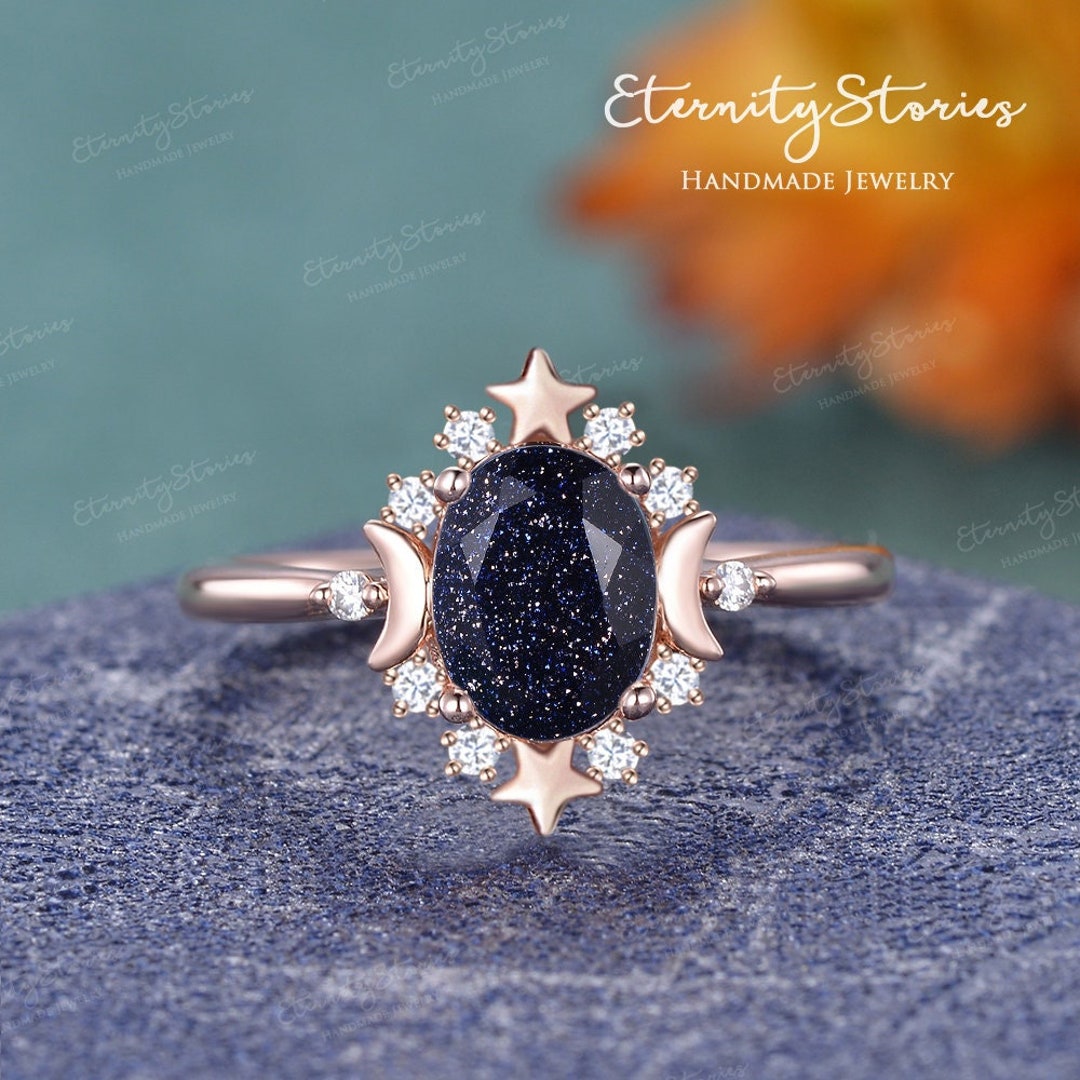 Mystic Galaxy Crystal Ring Oval Blue Sandstone Engagement Ring Star and ...