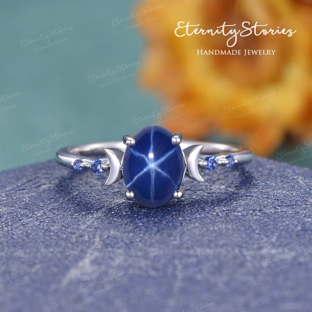 Oval Star Sapphire Ring Crystal Celestial Engagement Ring Vintage Rose ...