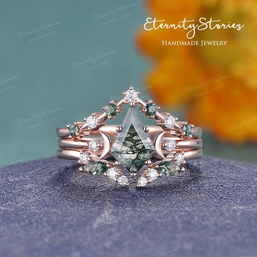 Celestial Moon Bridal Set Unique Moss Agate Engagement Ring Kite Cut ...