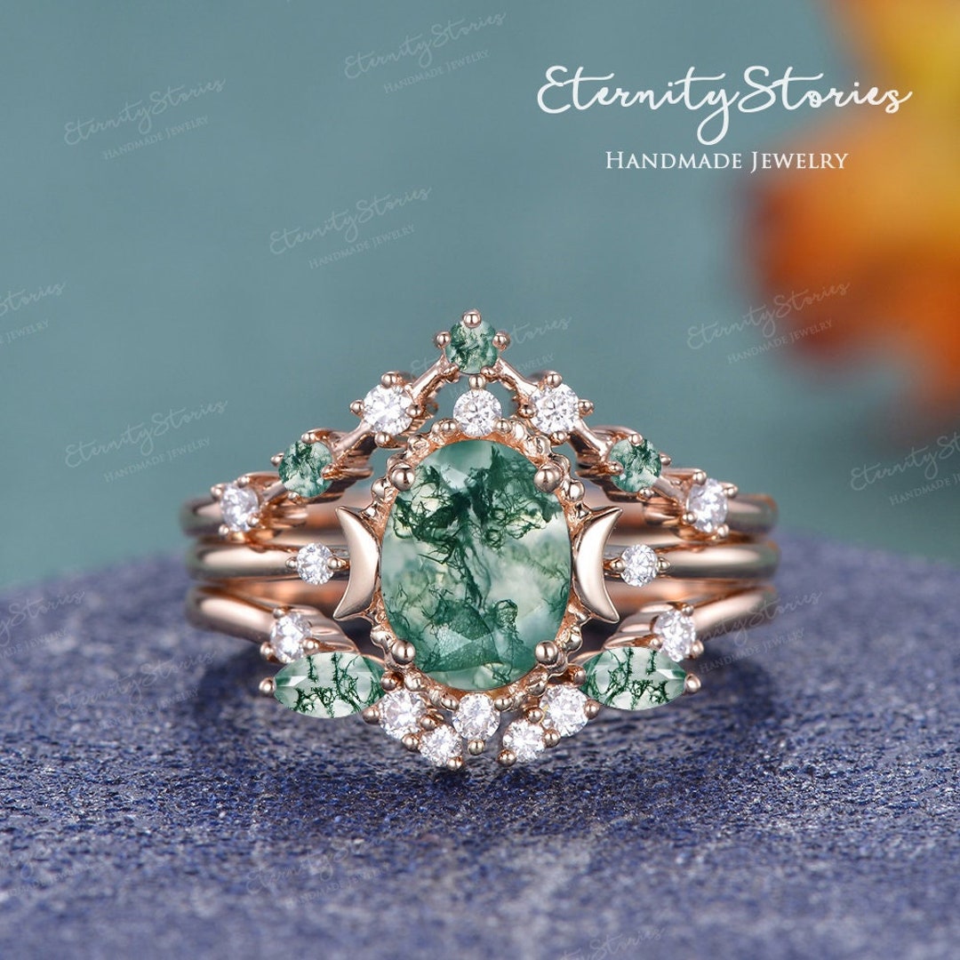Vintage Natural Moss Agate Engagement Ring Set Oval Cut Green - Etsy