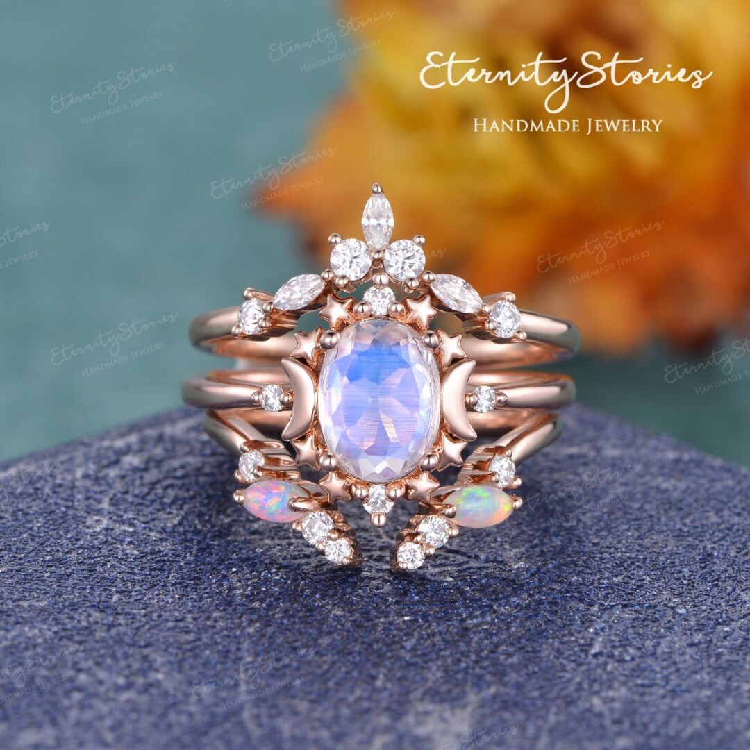 Vintage Moonstone Engagement Ring Set Opal Wedding Ring Set 3PCS Star ...