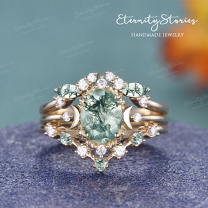 Green Moss Agate Engagement Ring Set Unique Crystal Engagement - Etsy