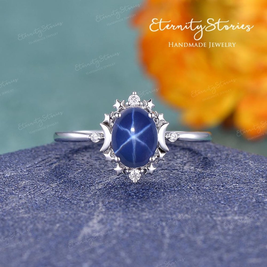 Star Sapphire Engagement Ring Oval Cut Galaxy Crystal Engagement Ring ...