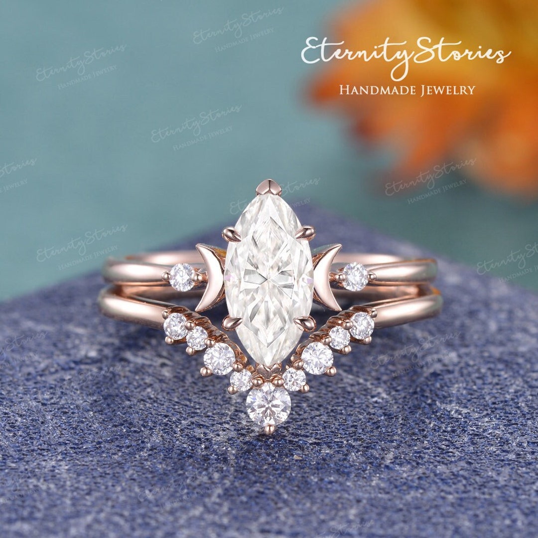 Unique Celestial Moon Engagement Ring Rose Gold Marquise Moissanite ...