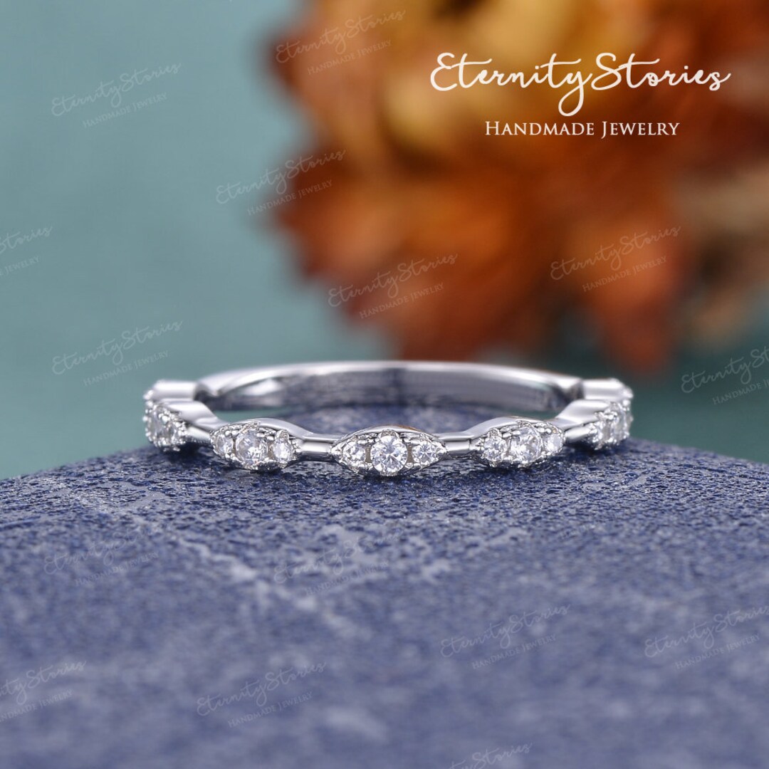 Dainty White Gold Wedding Band Moissanite Stacking Ring Leaf Minimalist ...