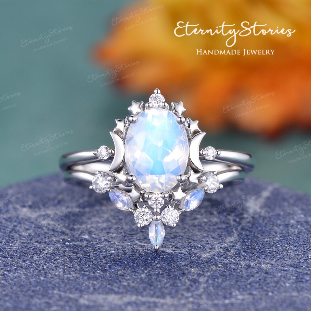 Moon and Star Engagement Ring Vintage Moonstone Engagement Ring Sets ...