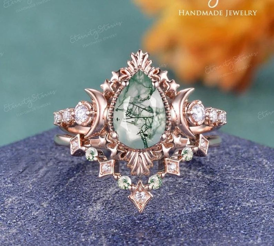 Antique Moon Star Ring Set Rose Gold Pear Moss Agate Engagement Ring ...