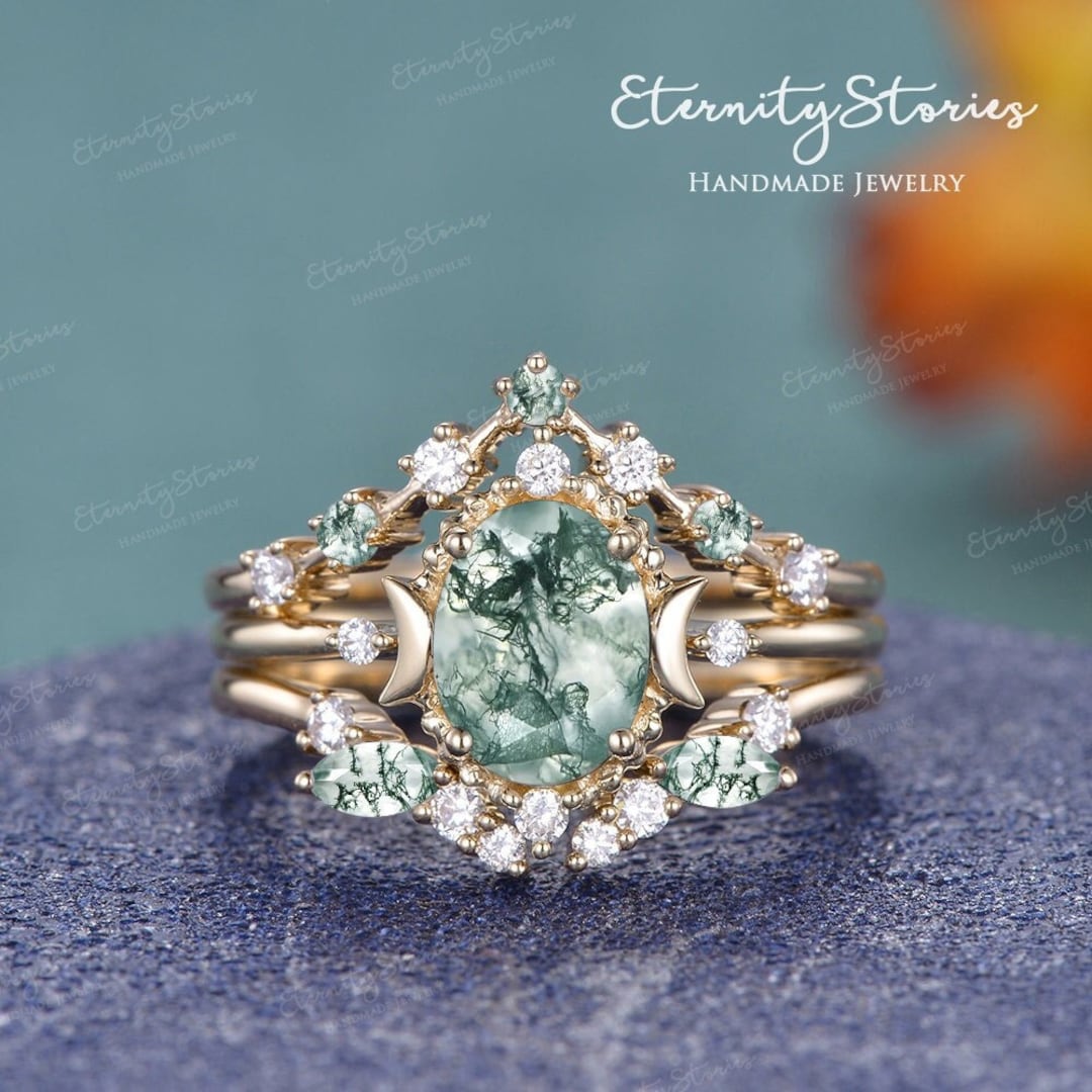 Green Moss Agate Engagement Ring Set Unique Crystal Engagement Ring Moon Wedding Set Vintage Art ...