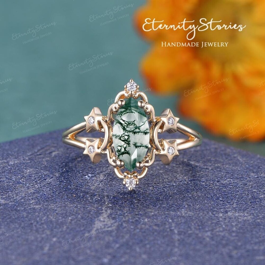 Marquise Moss Agate Engagement Ring Moon and Star Ring Celestial Split ...