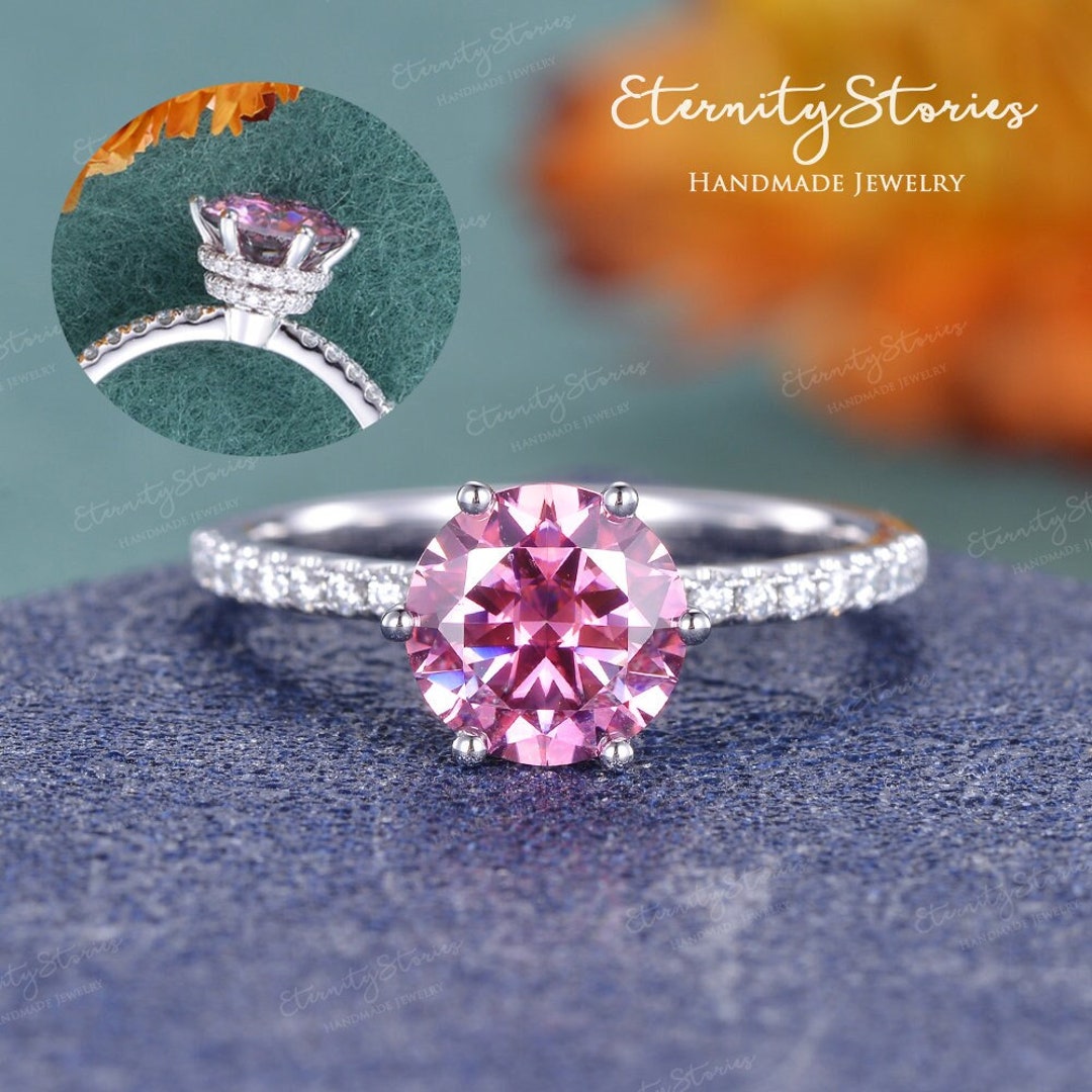 2ct Pink Moissanite Engagement Ring Women Double Hidden Halo Round Pink ...