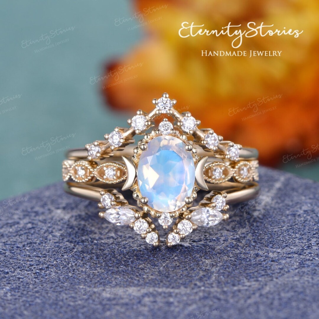 Art Deco Moon Engagement Ring Oval Cut Moonstone Engagement Ring Set ...