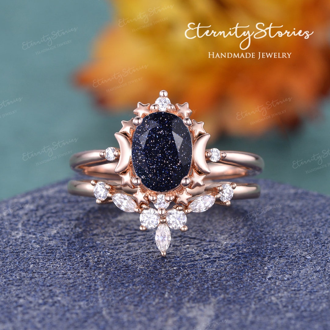 Vintage Moon and Star Engagement Ring Celestial Blue Sandstone Galaxy ...
