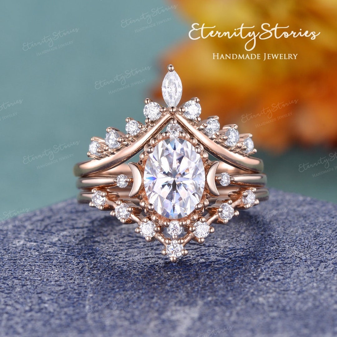 Retro Moon Engagement Ring Set Women Moissanite Diamond Engagement Ring ...