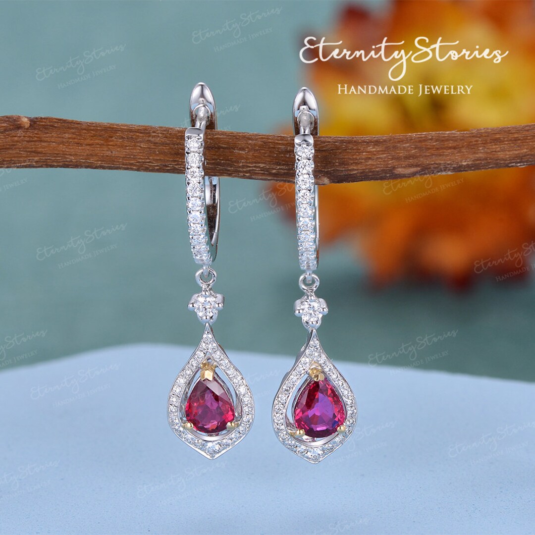 Pear Shaped Ruby Earring Women Lab Ruby Drop Earrings Moissanite ...