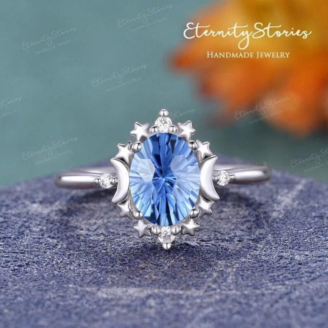 Firework Cut Blue Sapphire Engagement Ring Moon and Star Ring Dainty ...