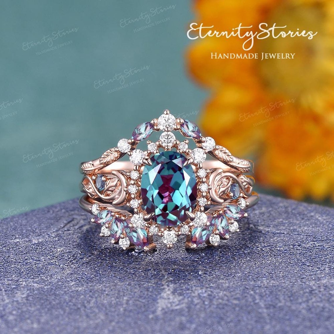 Alexandrite Bridal Ring Set Leaf Engagement Ring Moon Ring Moissanite ...