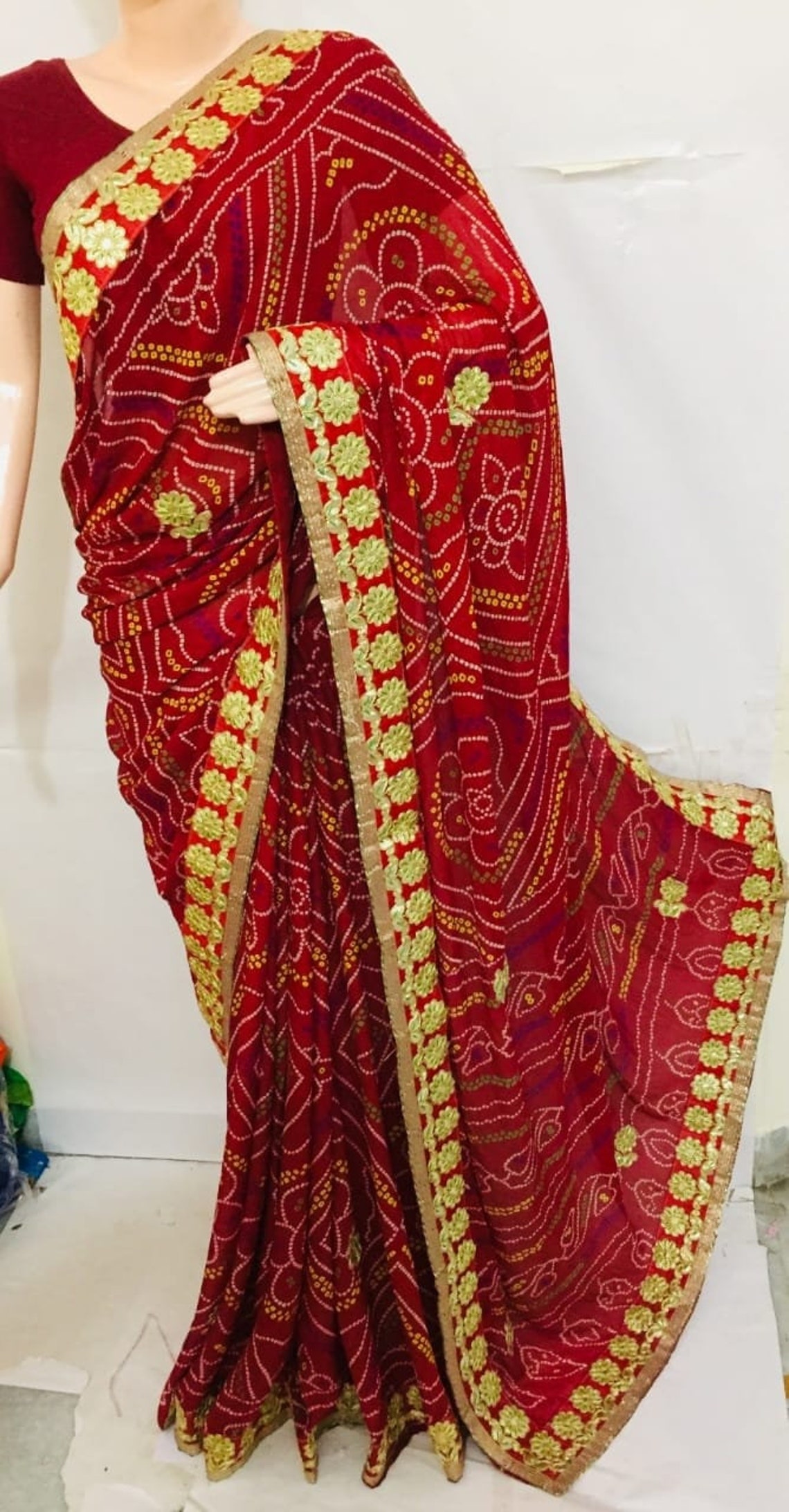 Moss georgette red chunari print saree with hvy gotta patti | Etsy