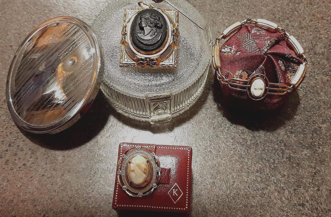 3 Vintage Cameos A Coro Bakelite Book Shaped Cameo Locket - A FHS and ...