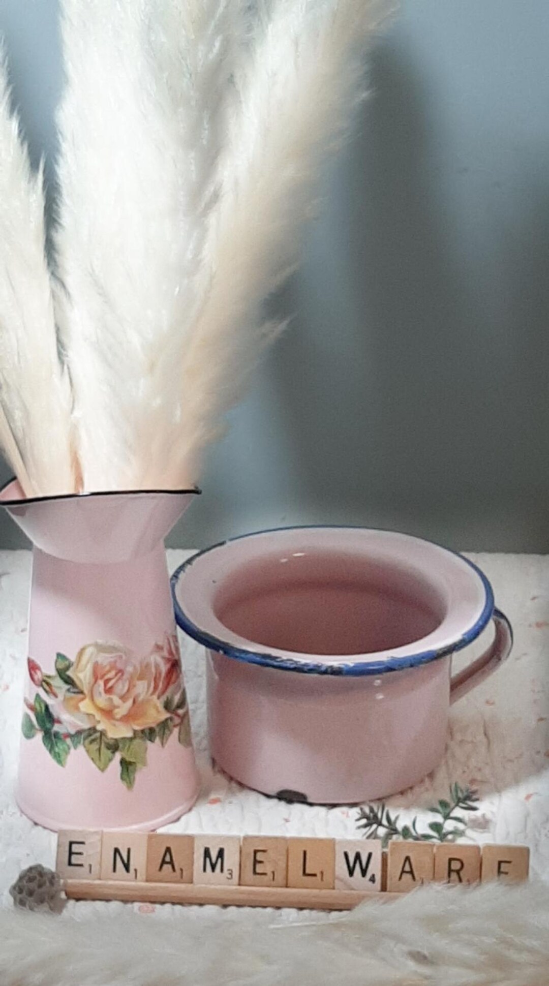 Childs Size Pink and Blue Enamelware Chamber Pot and Pink and Black ...