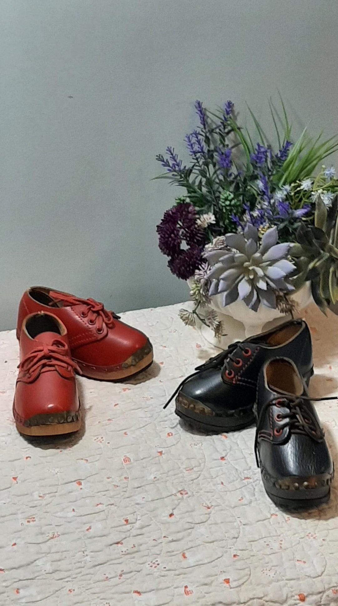 Vintage Wood and Leather Children's Shoes Size 3 Red Leather Uppers and ...