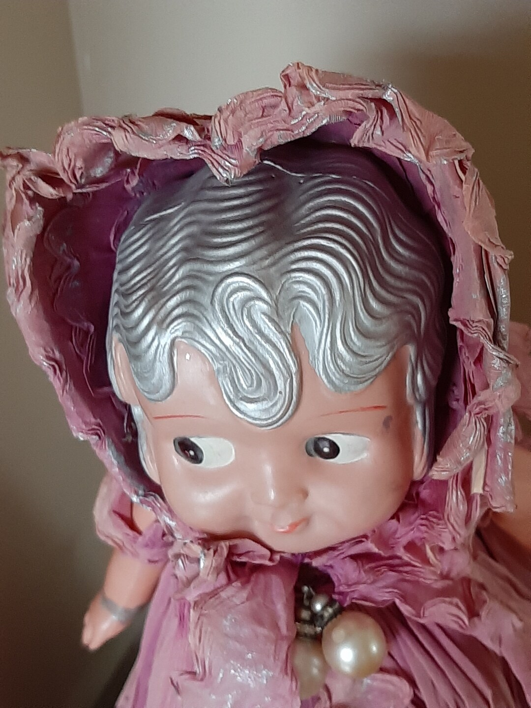 Celluloid Kewpie Doll Dressed in a Light Purple Crepe Paper Dress and ...